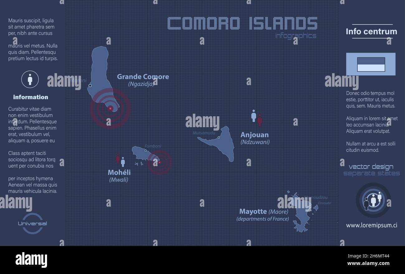 Comoro Islands map, separate regions with names, infographics blue flat ...