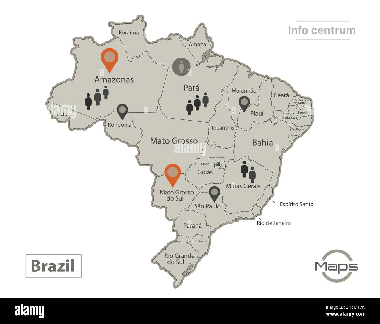 Brazil map, individual regions with names, Infographics and icons ...