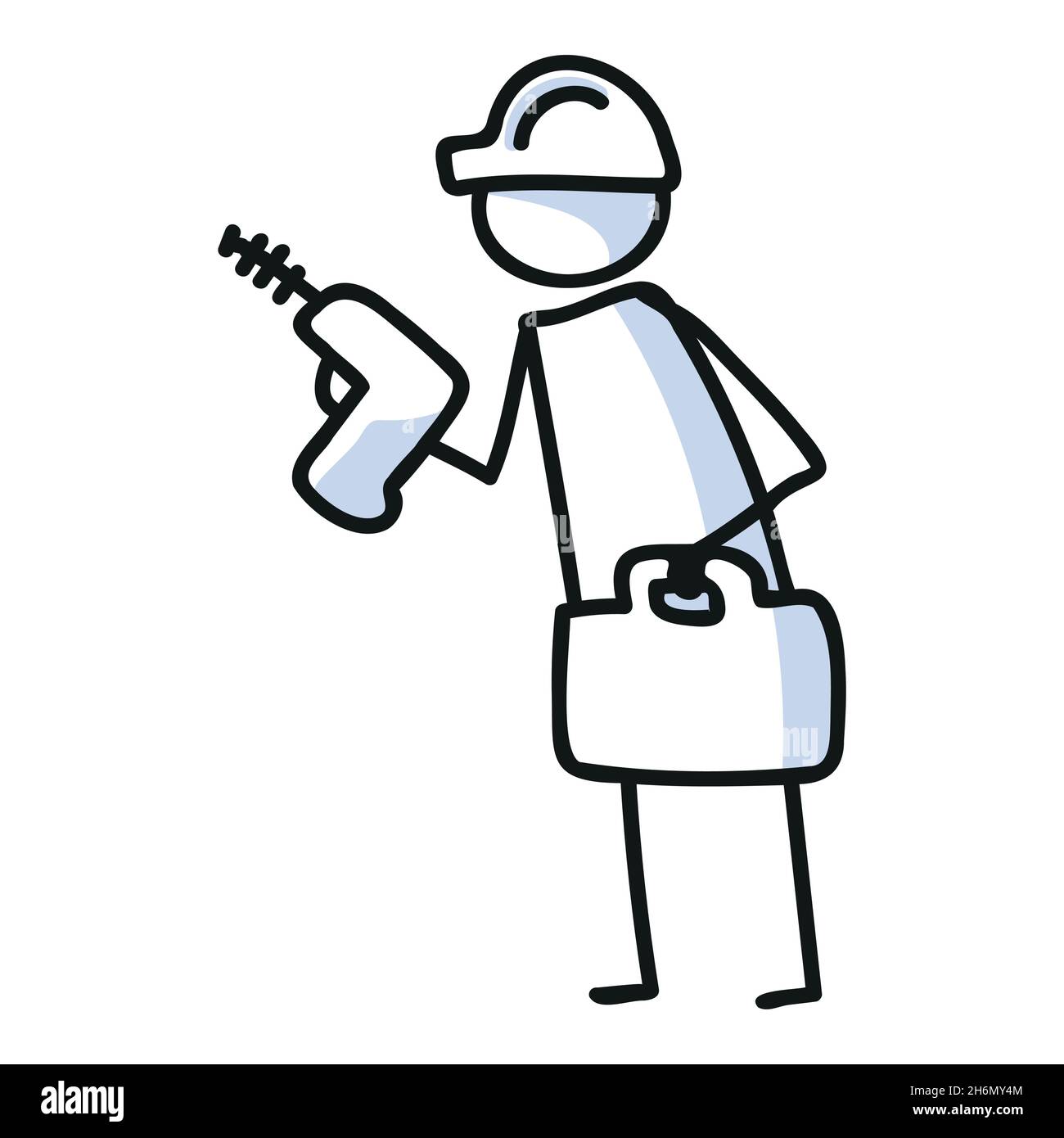 Drawn stick figure with drill construction worker. Tool use for ...
