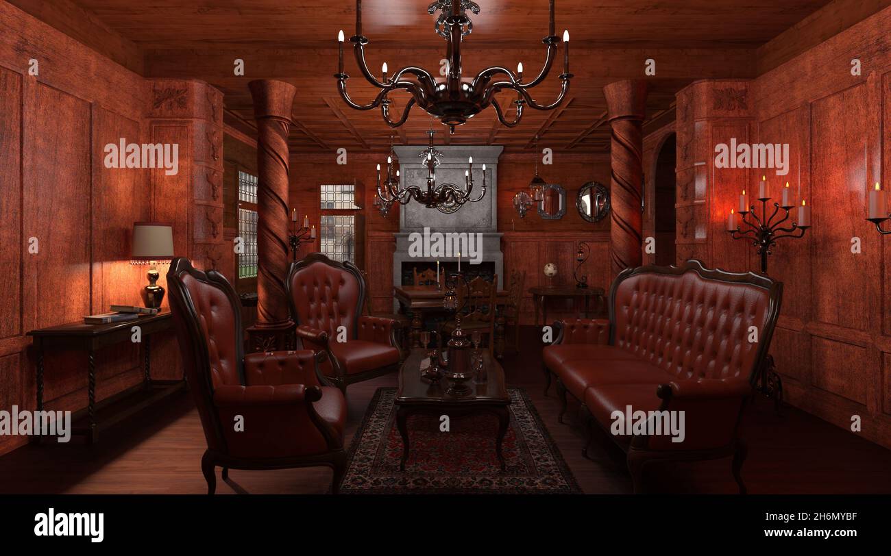 3D illustration gothic living room style interior Stock Photo - Alamy