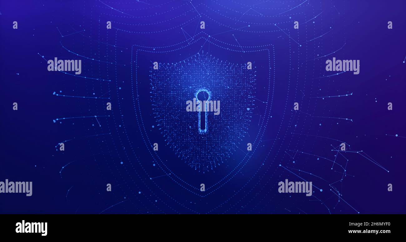 Shield data icon made in dots on abstract tech background. Protection ...