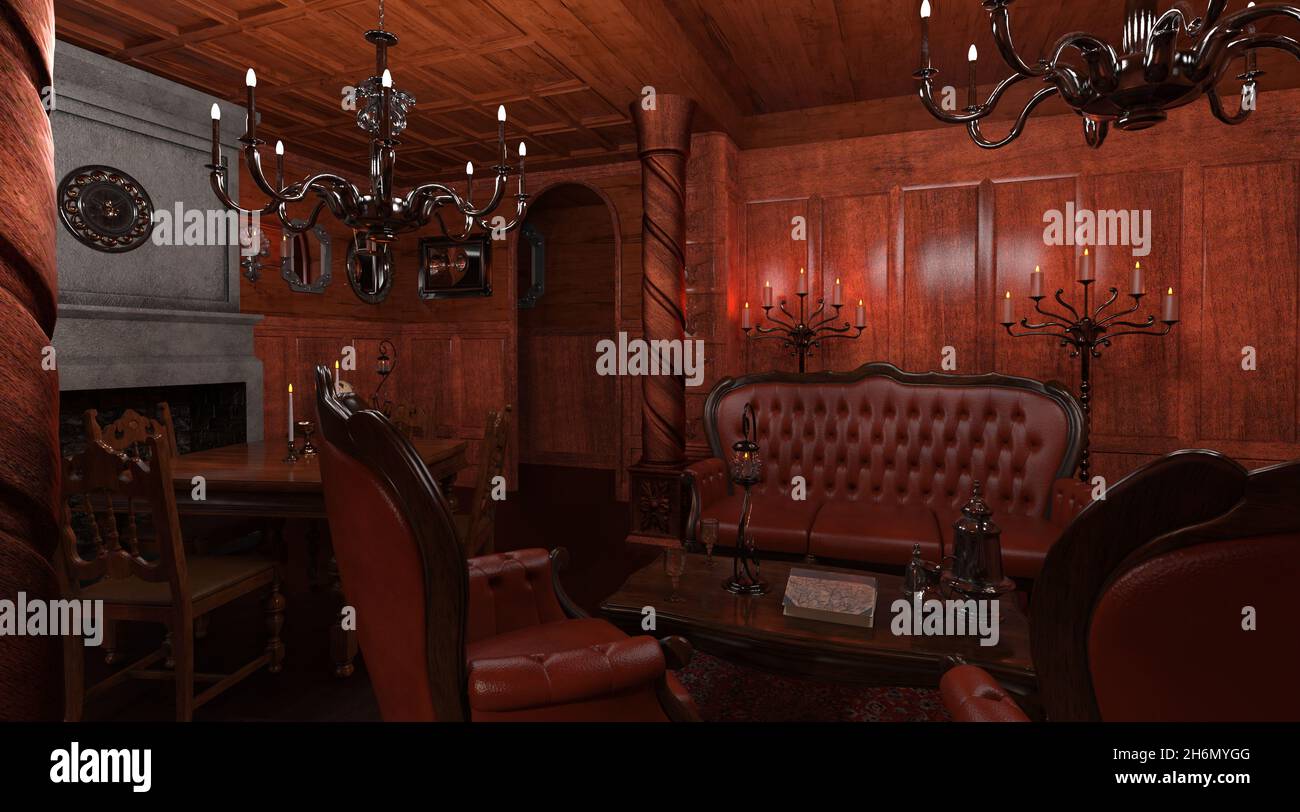 3D illustration gothic living room style interior Stock Photo - Alamy