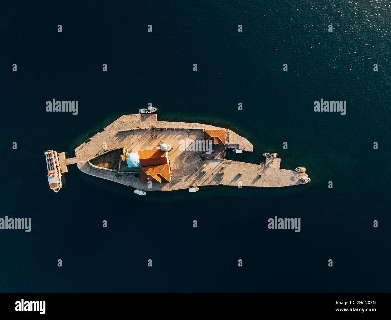 Aerial view of the island of Gospa od Skrpjela. Montenegro Stock Photo ...