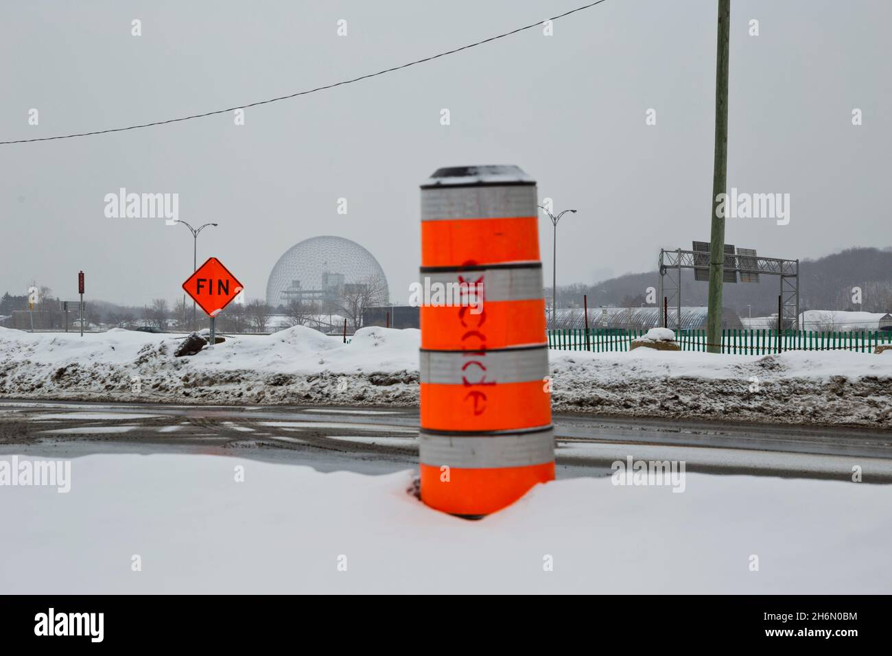 The Biosphere in Montreal seen through construction cones on the south ...