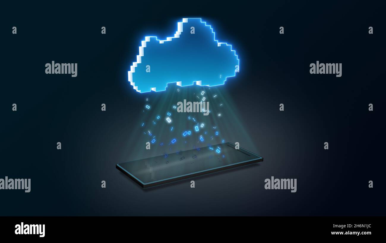 Digital render of cloud technology raining on a phone Stock Photo - Alamy