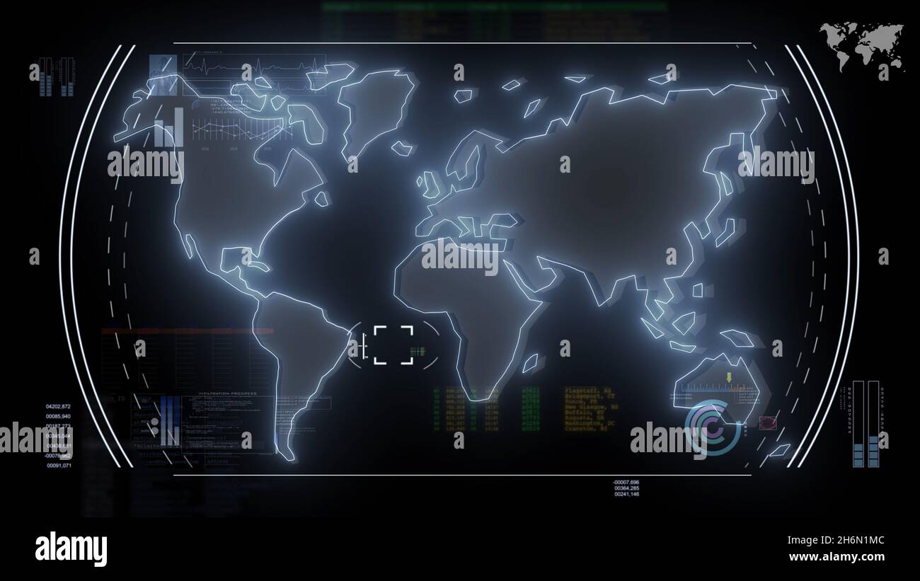 Digital render of a glowing world map with different industrial symbols ...