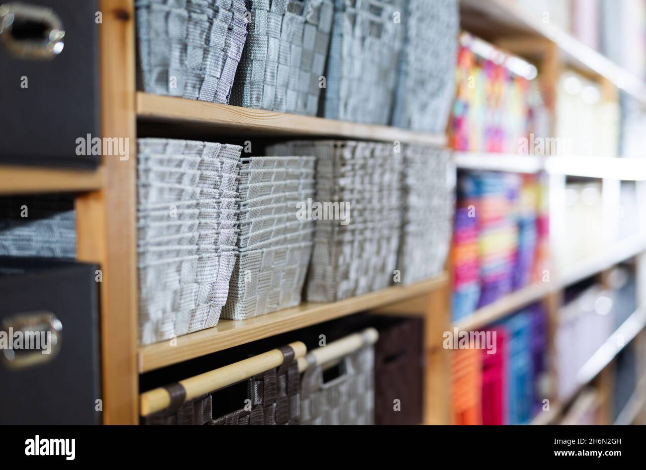 Hardware store shelves filled with boxes for linen closeup Stock Photo ...