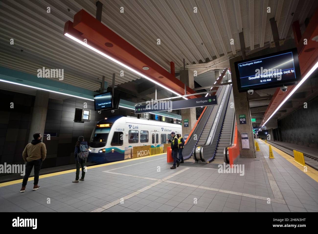 A train arrives at the new Link Light Rail U District Station in ...