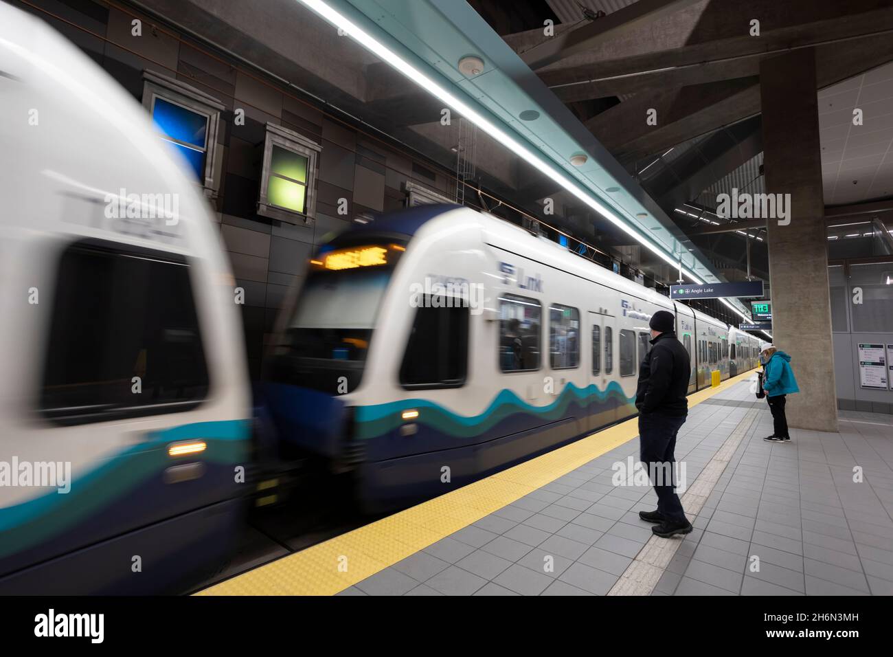 A train arrives at the new Link Light Rail U District Station in ...