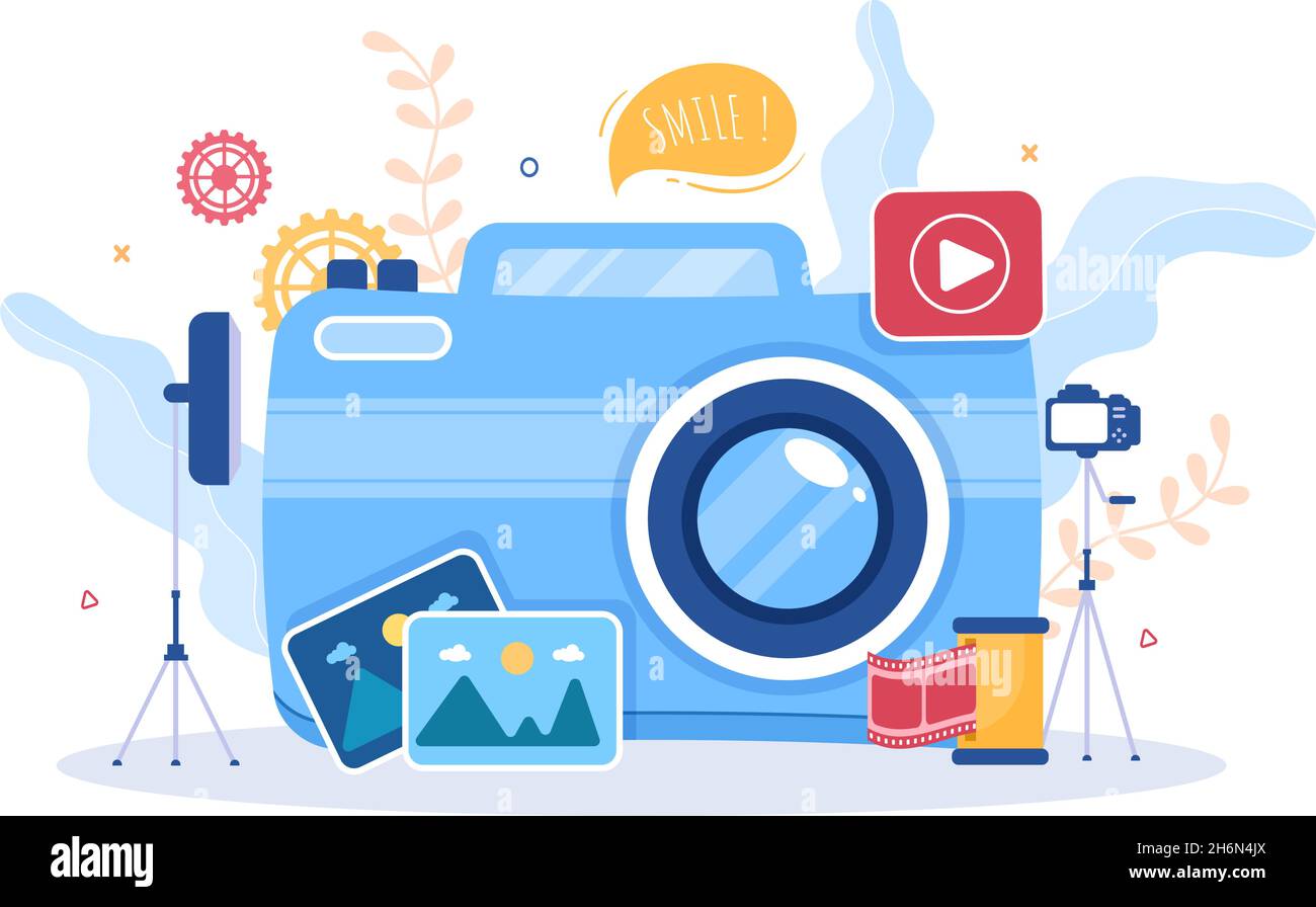 Photographer Flat Design Background with Camera, Digital Film Equipment ...