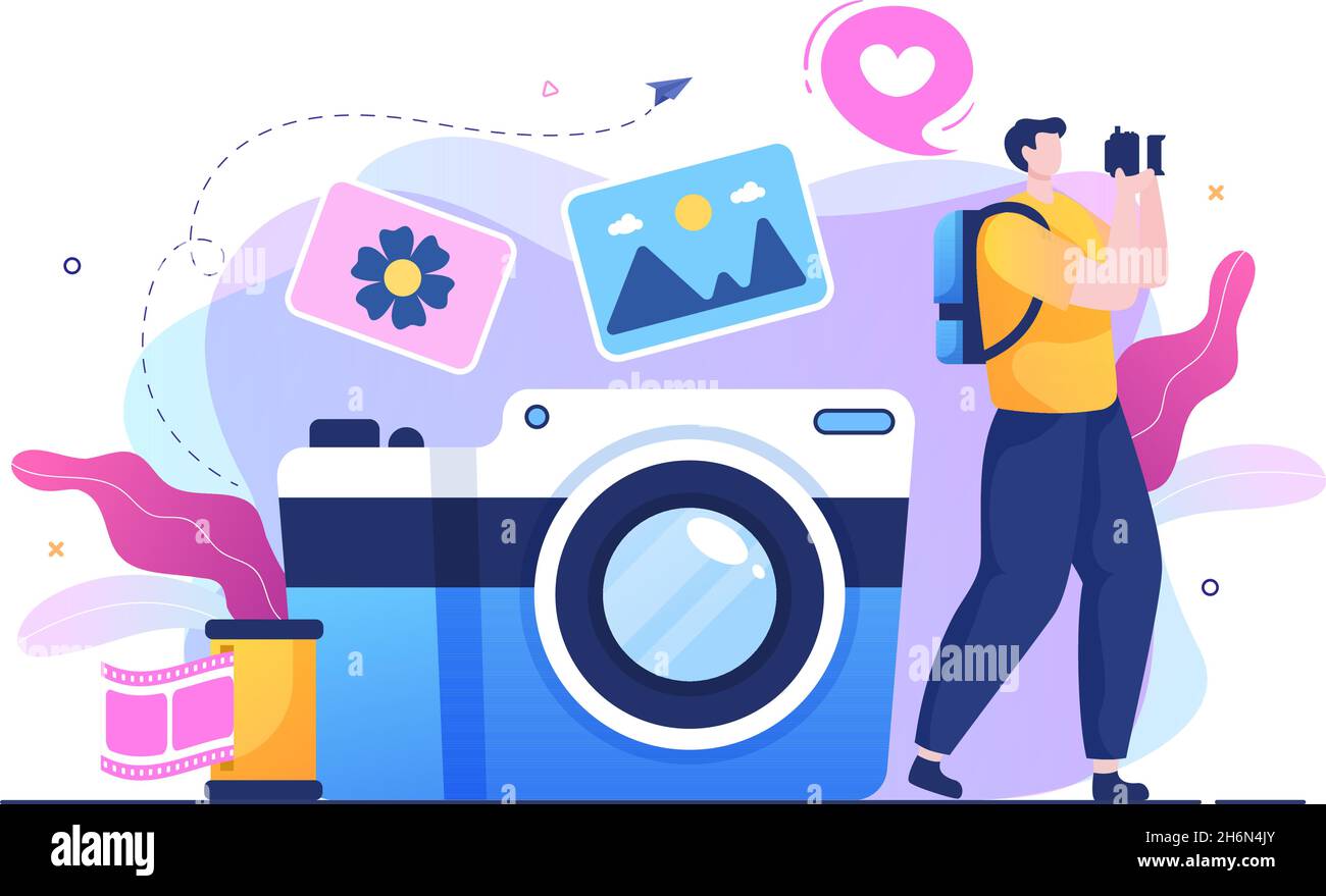 Photographer Flat Design Background with Camera, Digital Film Equipment ...