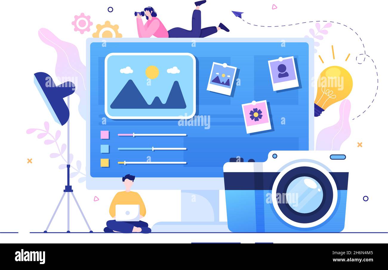 Photographer Flat Design Background with Camera, Digital Film Equipment ...