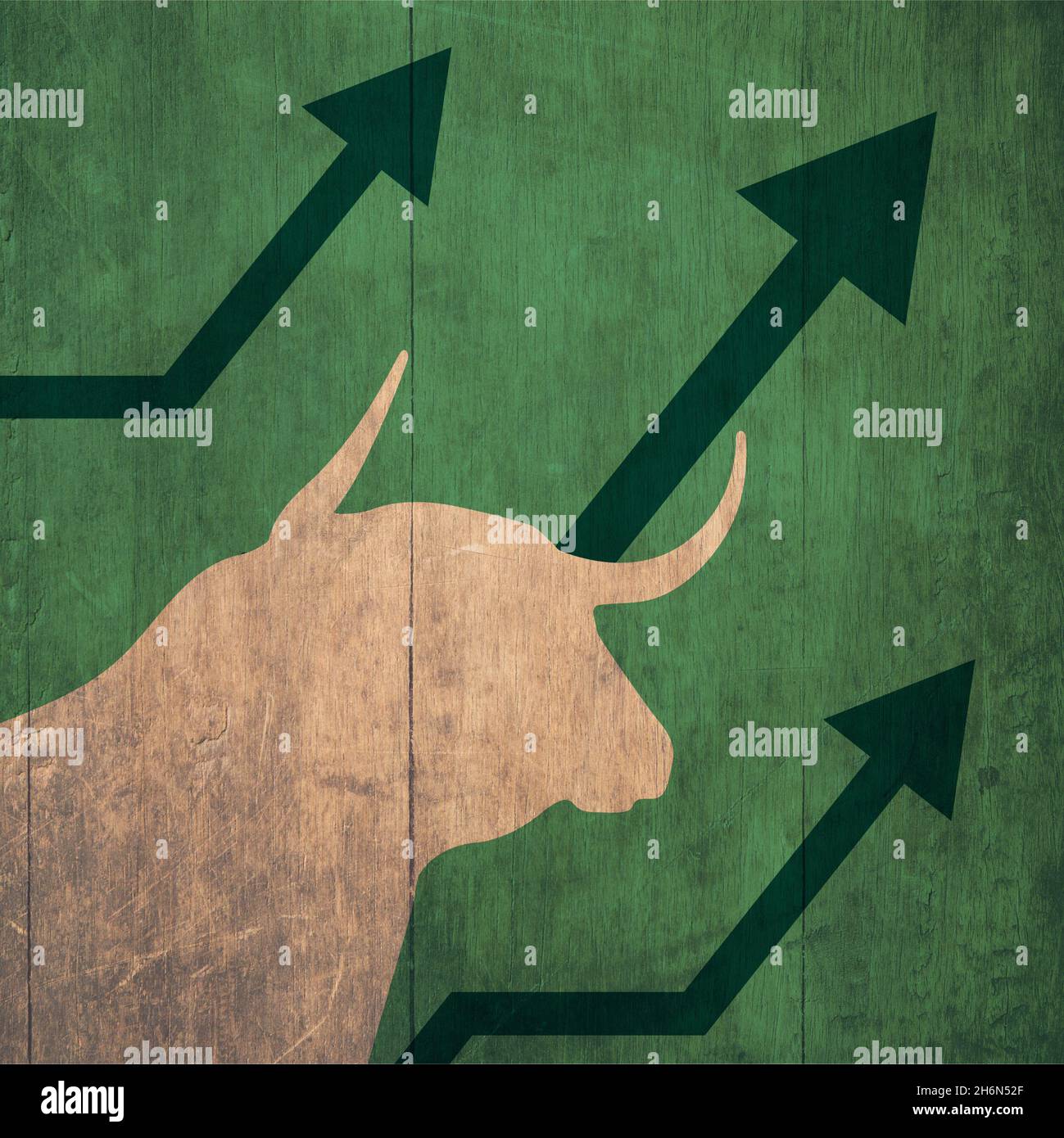 Pretty portrait bull and a upward arrow indicating the up of the stock ...