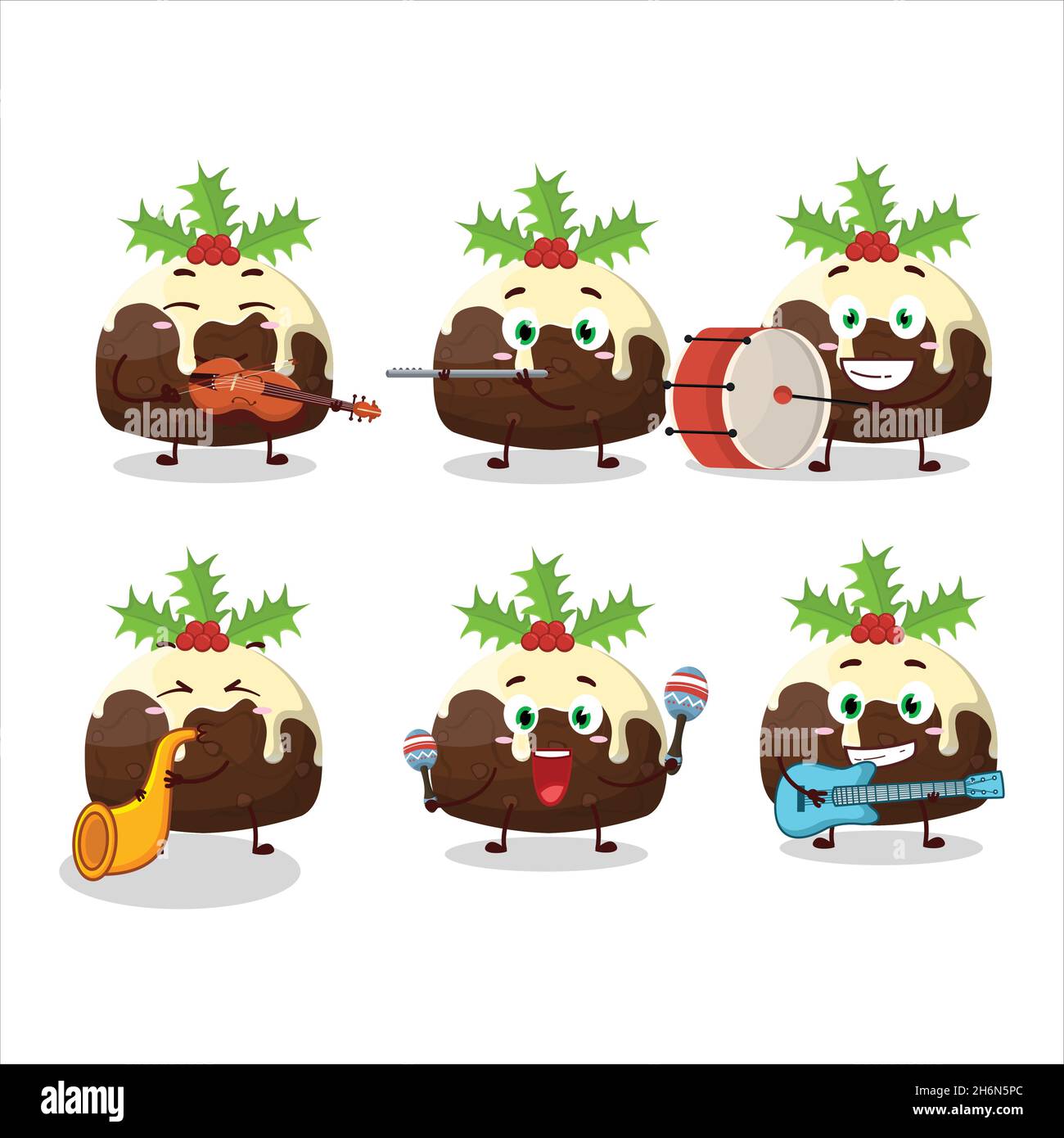 Cartoon character of pudding cake christmas playing some musical ...