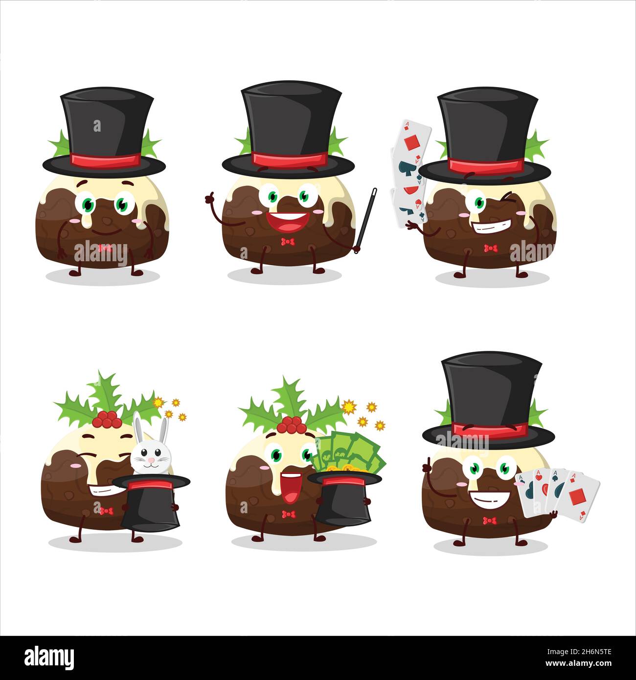 A pudding cake christmas Magician cartoon character perform on a stage ...