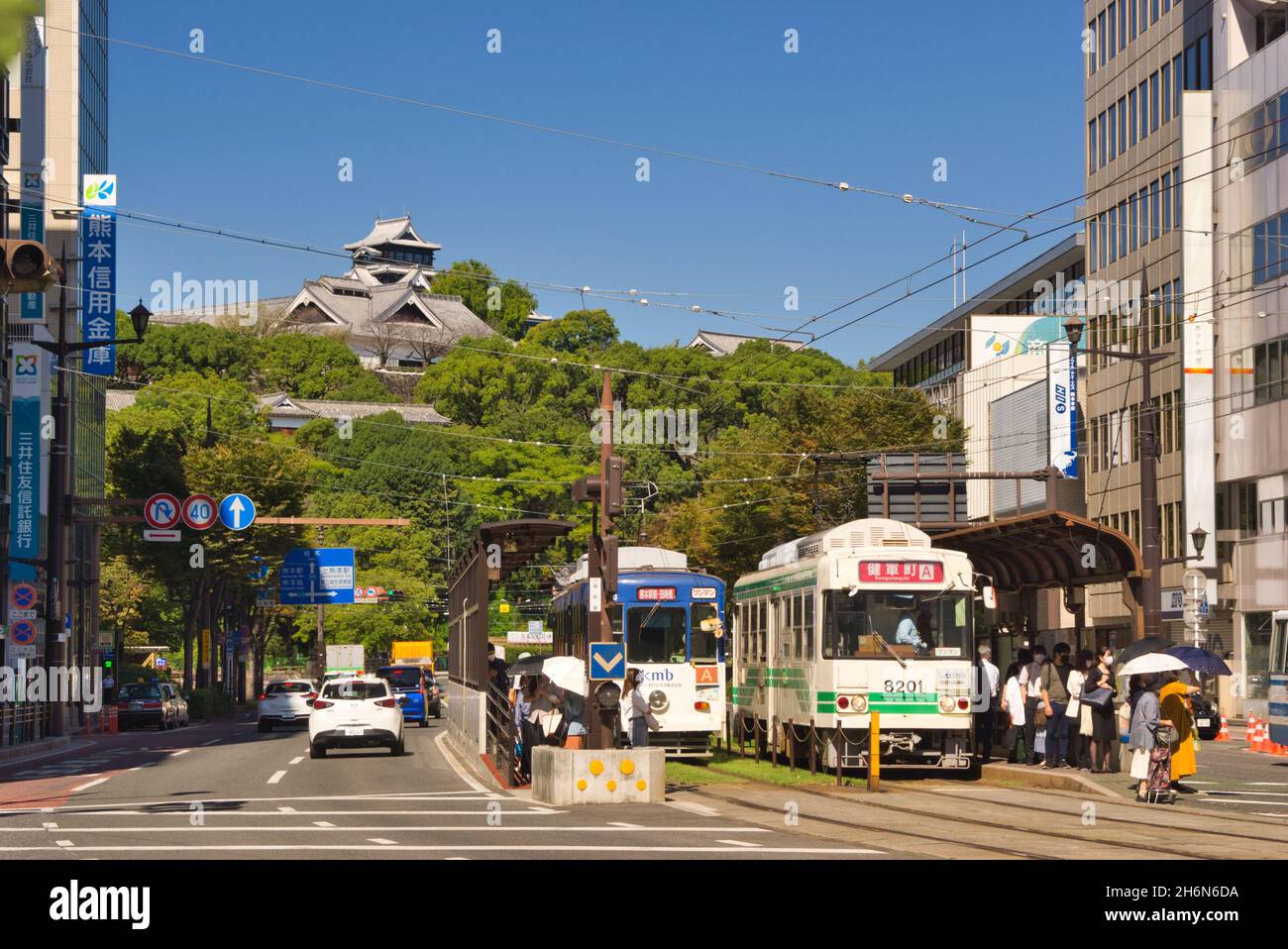 Kumamoto Tram and Kumamoto Castle, Kumamoto Prefecture, Japan Stock ...
