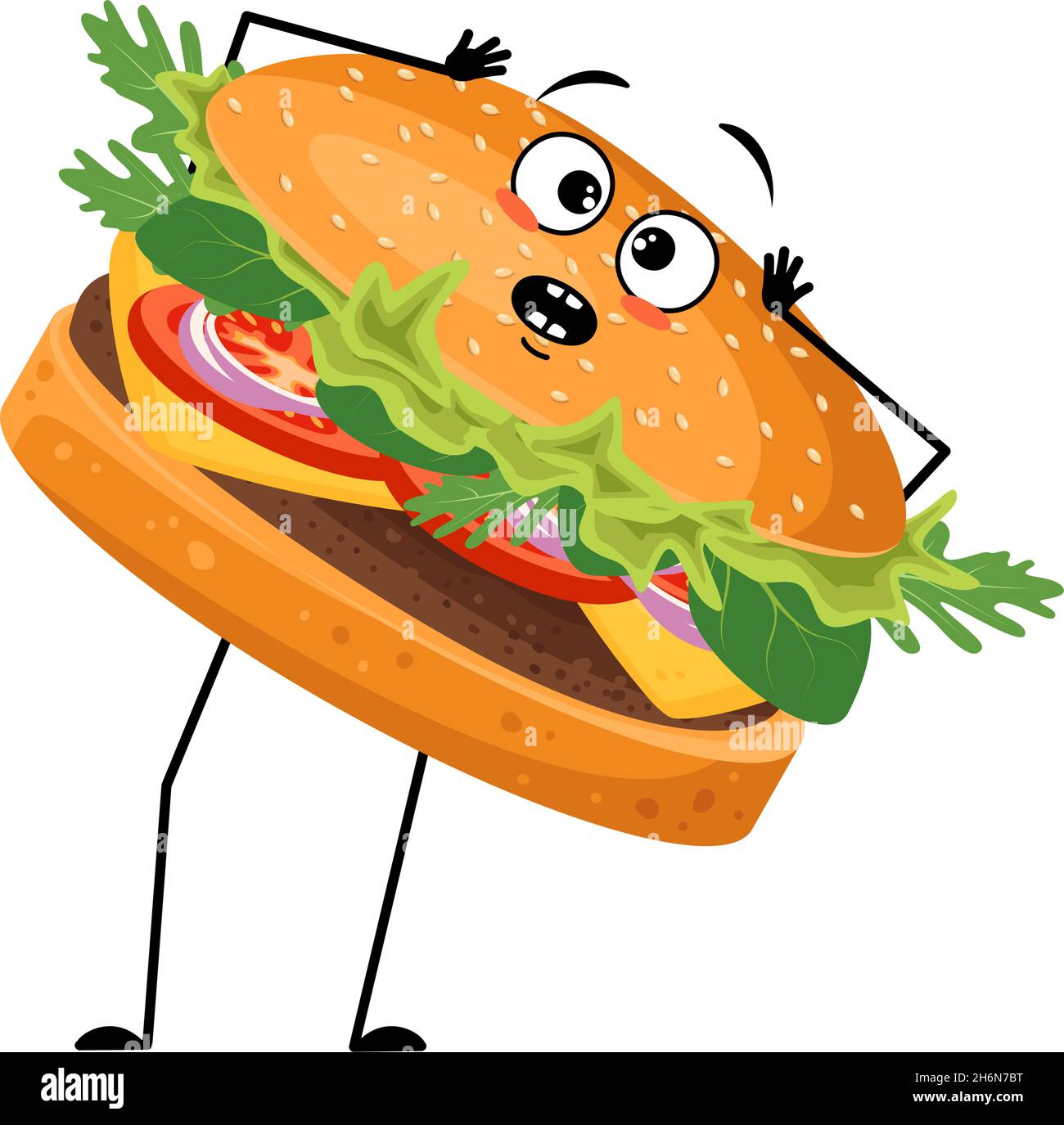 Cute character hamburger with emotions in panic grabs his head ...