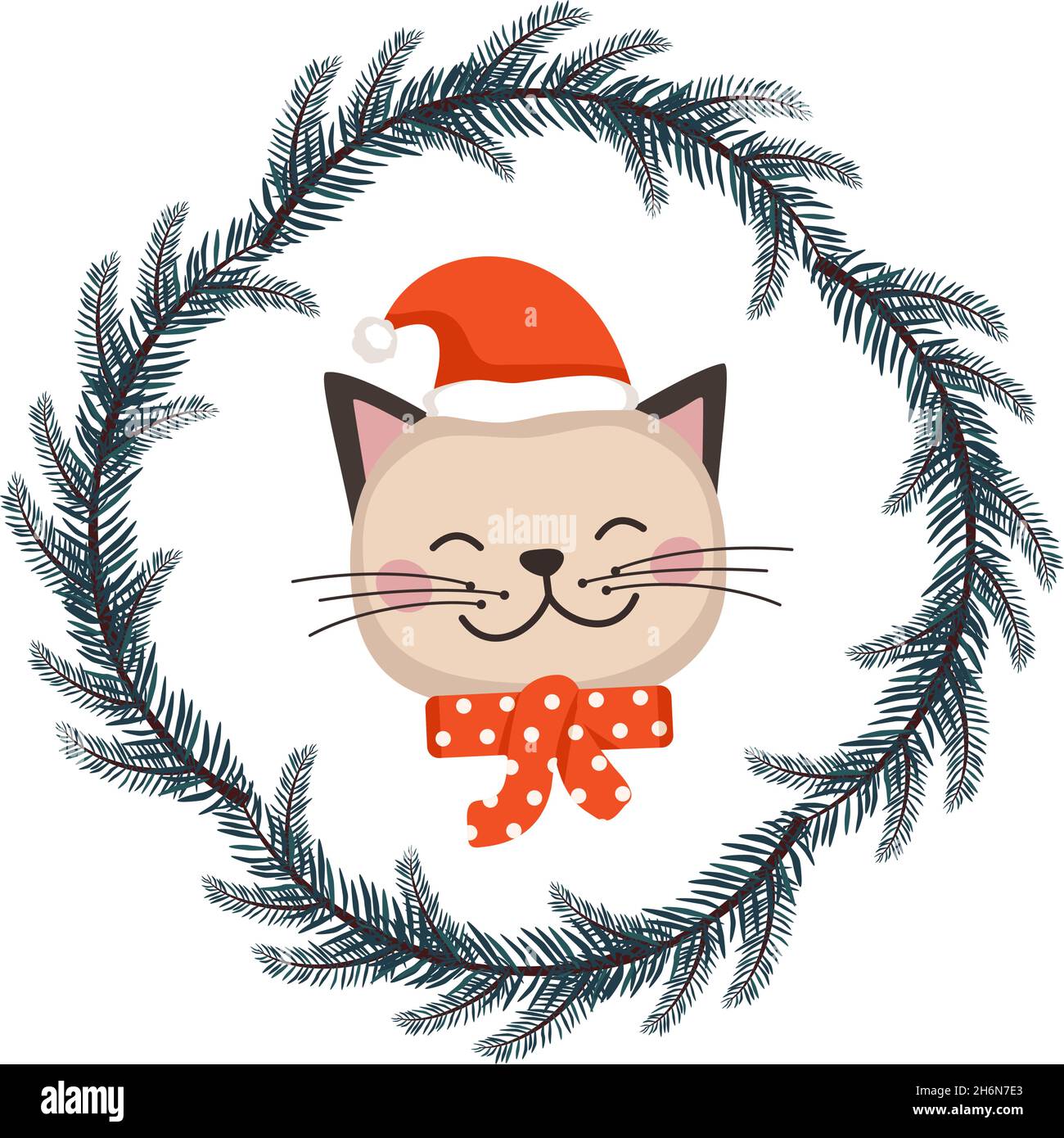 Cute cat or kitten in Santa hat and bow in childish style with frame from festive Christmas ...