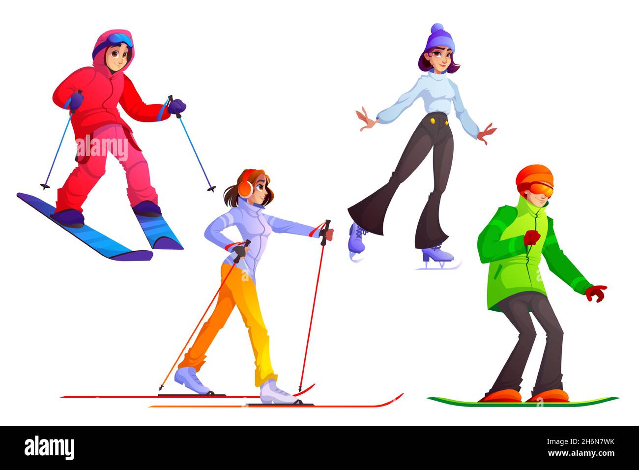 People with ski, snowboard and skates. Vector cartoon set of characters ...