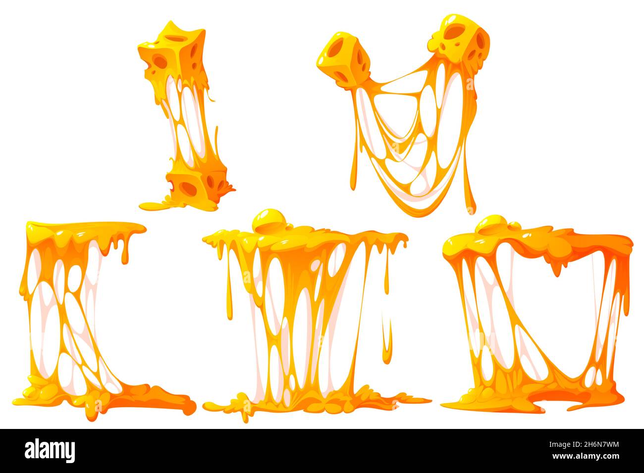 Set of melted cheese, cartoon mellow pieces with dripping stretches ...