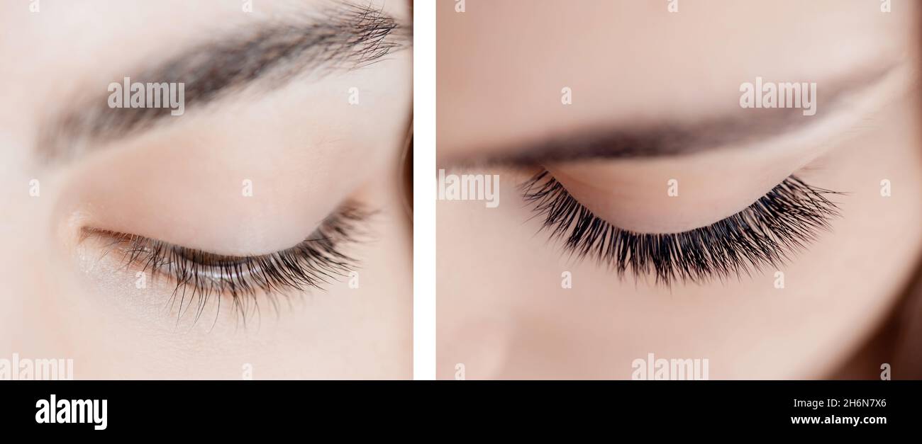 Eyelash extension procedure before and after. Beautiful woman with long ...
