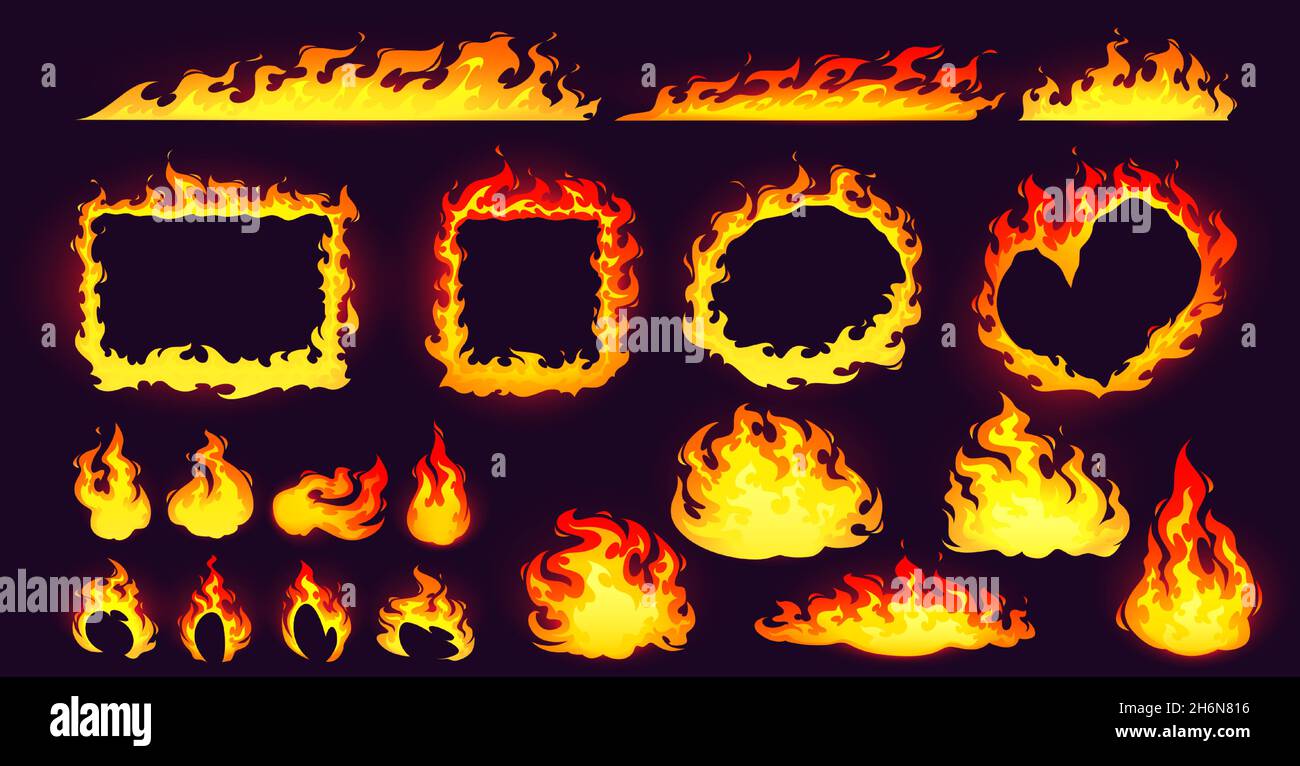 Cartoon fire frames and bonfire, rectangular, square, round and heart ...