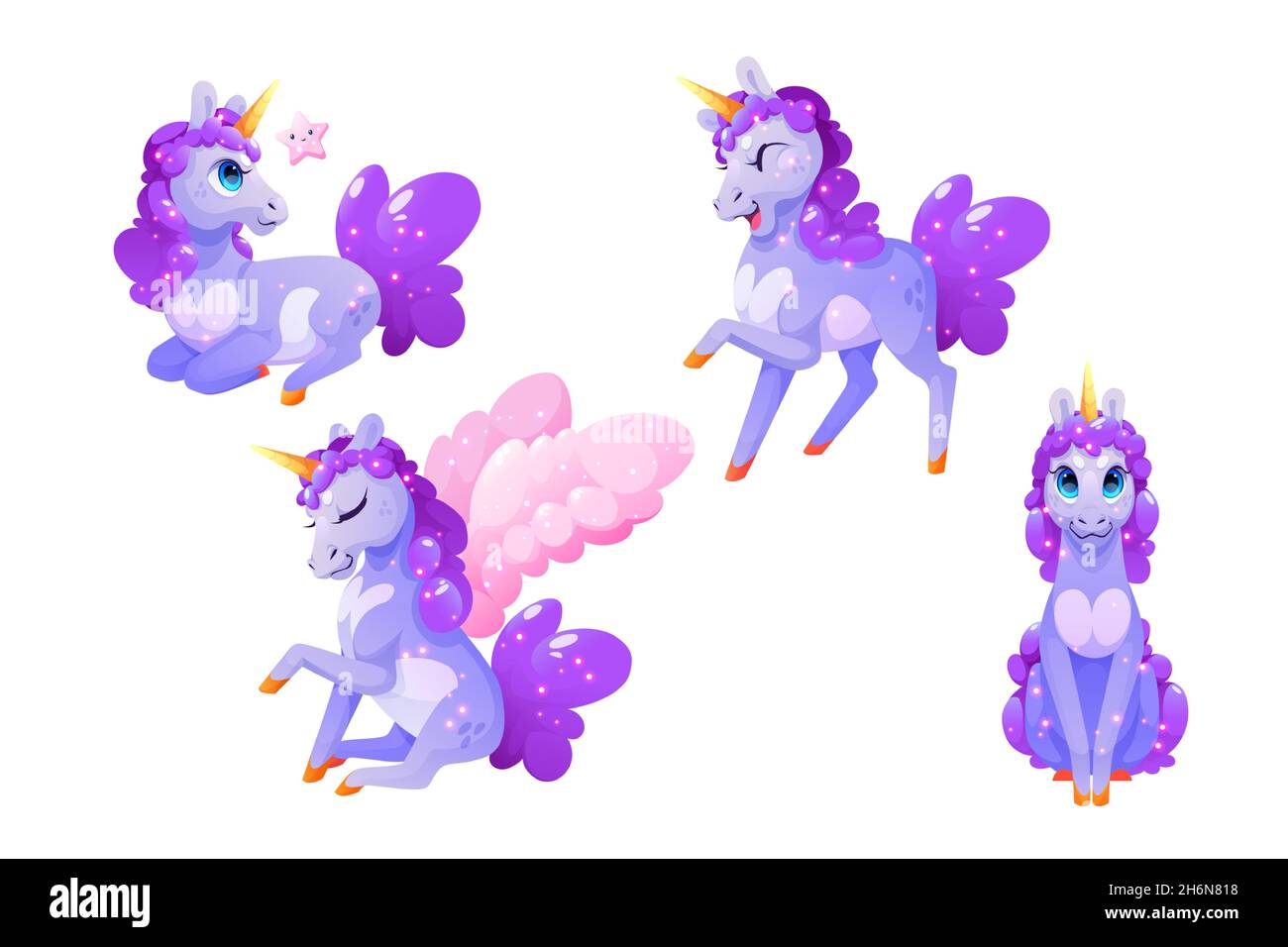 Funny unicorn character, Pegasus with pink wings and gold horn in ...