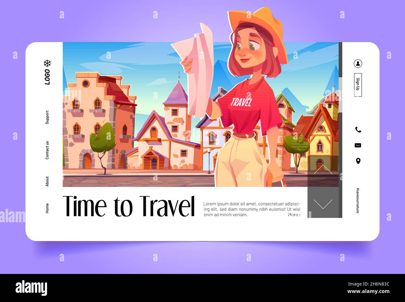 Time to travel cartoon landing page. Traveler girl learning map searching way in foreign antique ...