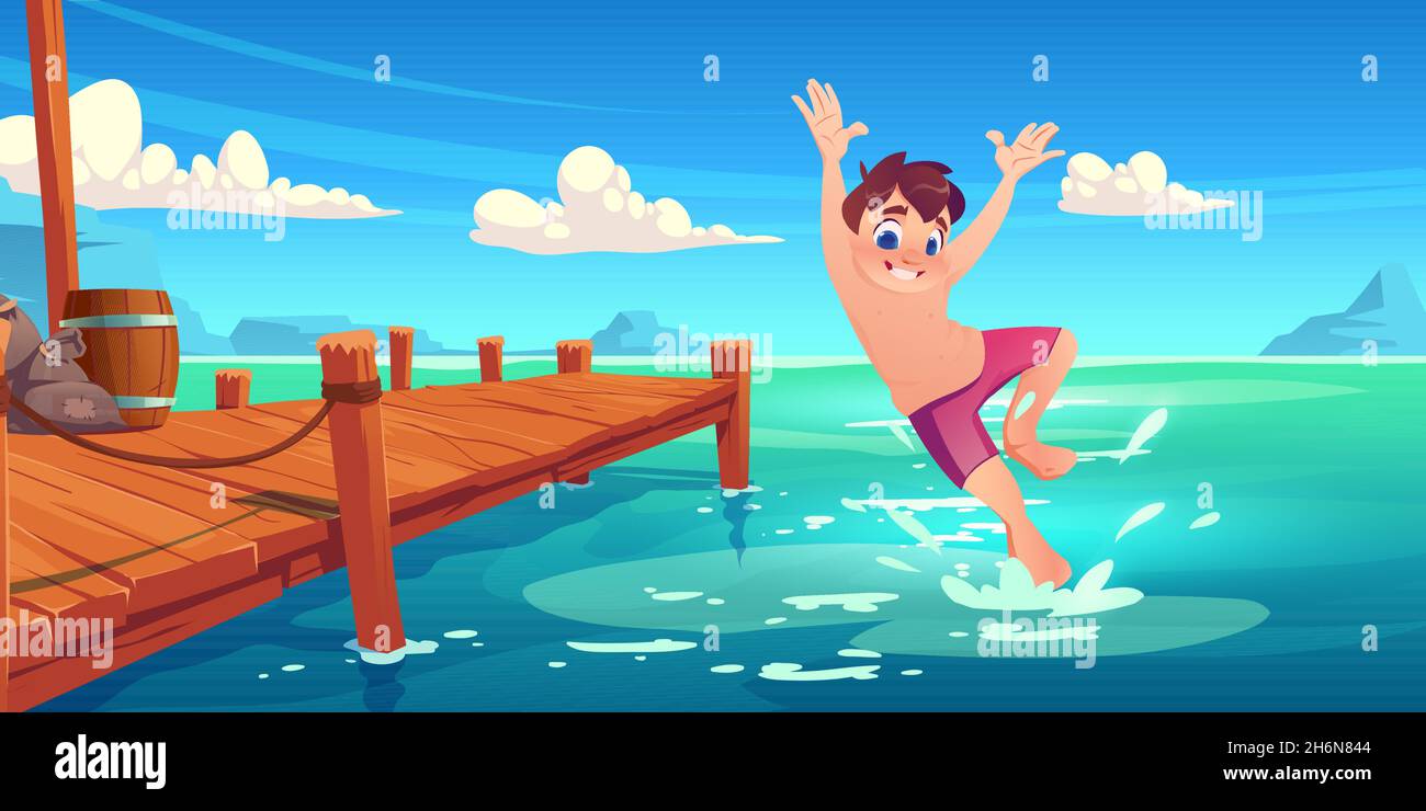 Happy boy jump into water from wooden pier. Summer vacation concept ...