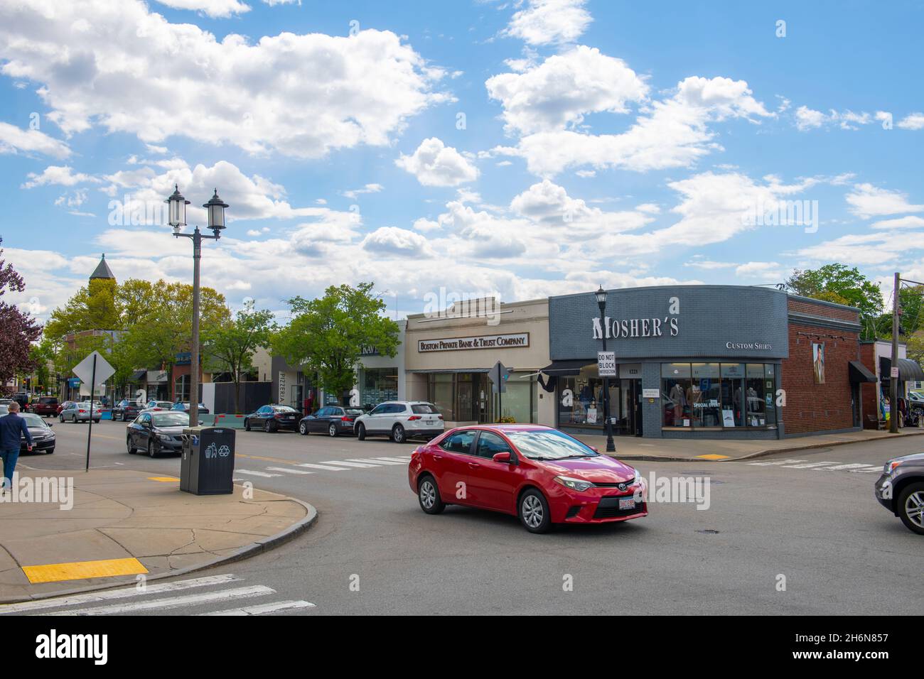 Historic commercial buildings on Centre Street at Pelham Street at Newton Centre in city of ...