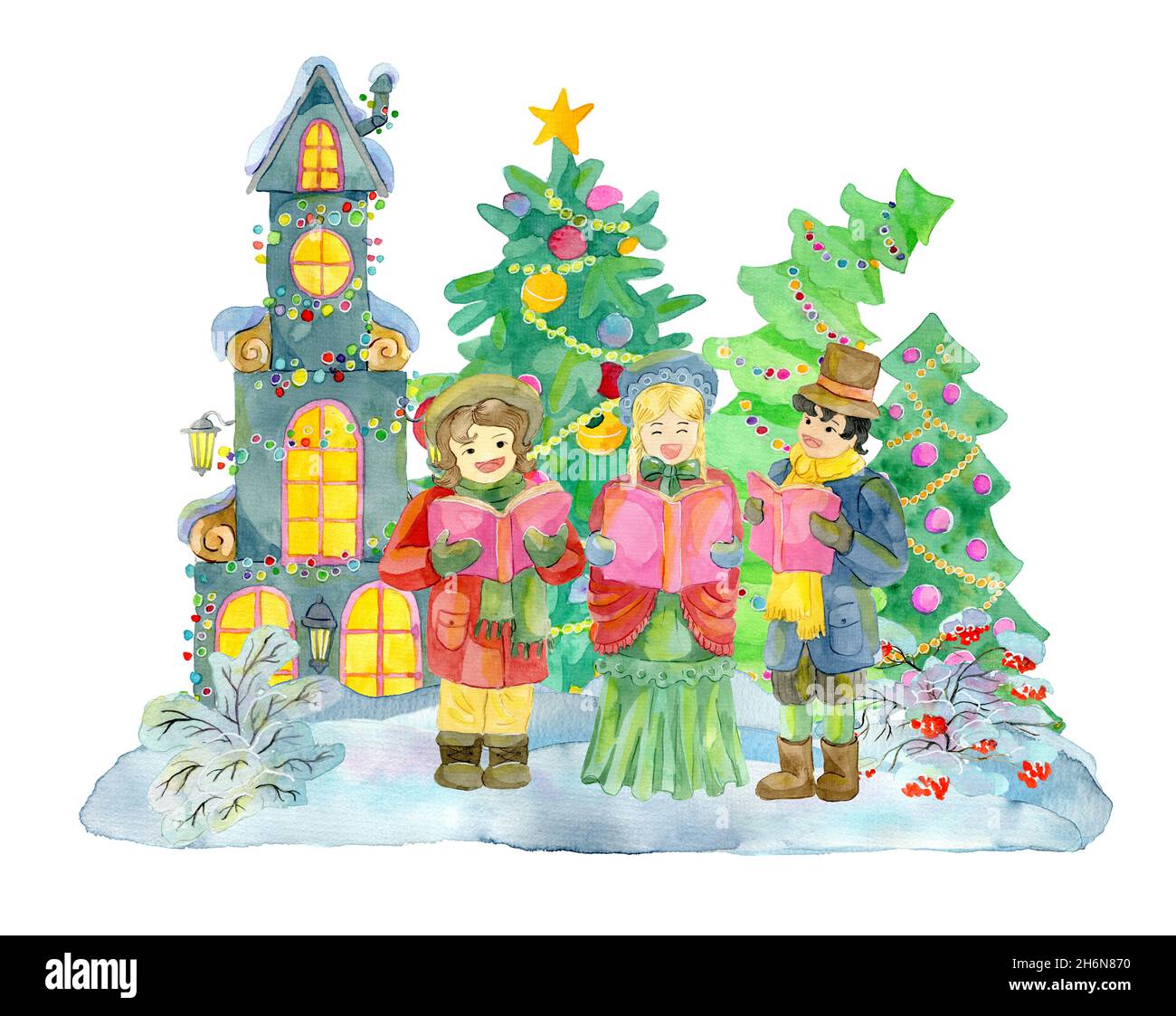 Watercolor illustration with family choir singing carols by church and ...