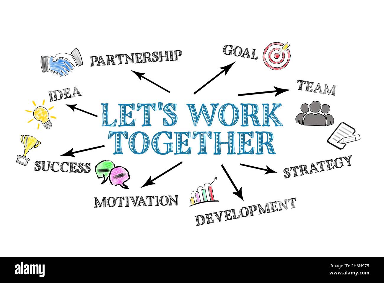 Let's work together. Illustration with keywords and icons Stock Photo ...