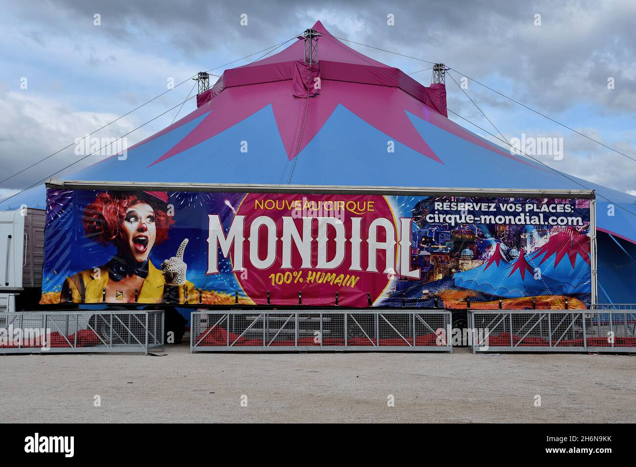 A circus trailer truck seen in front of a circus tent.The "Mondial ...