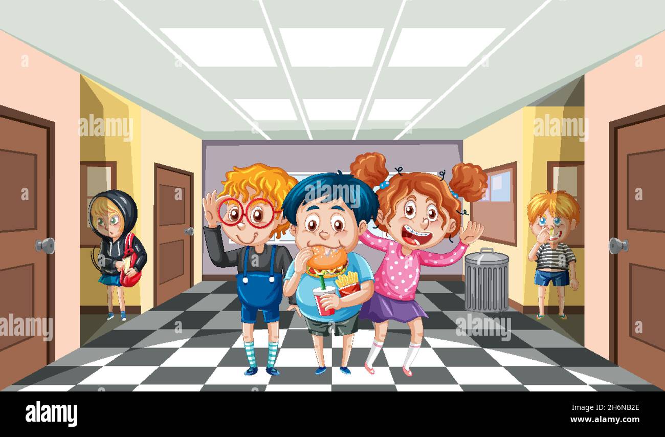 School scene with students cartoon character illustration Stock Vector ...