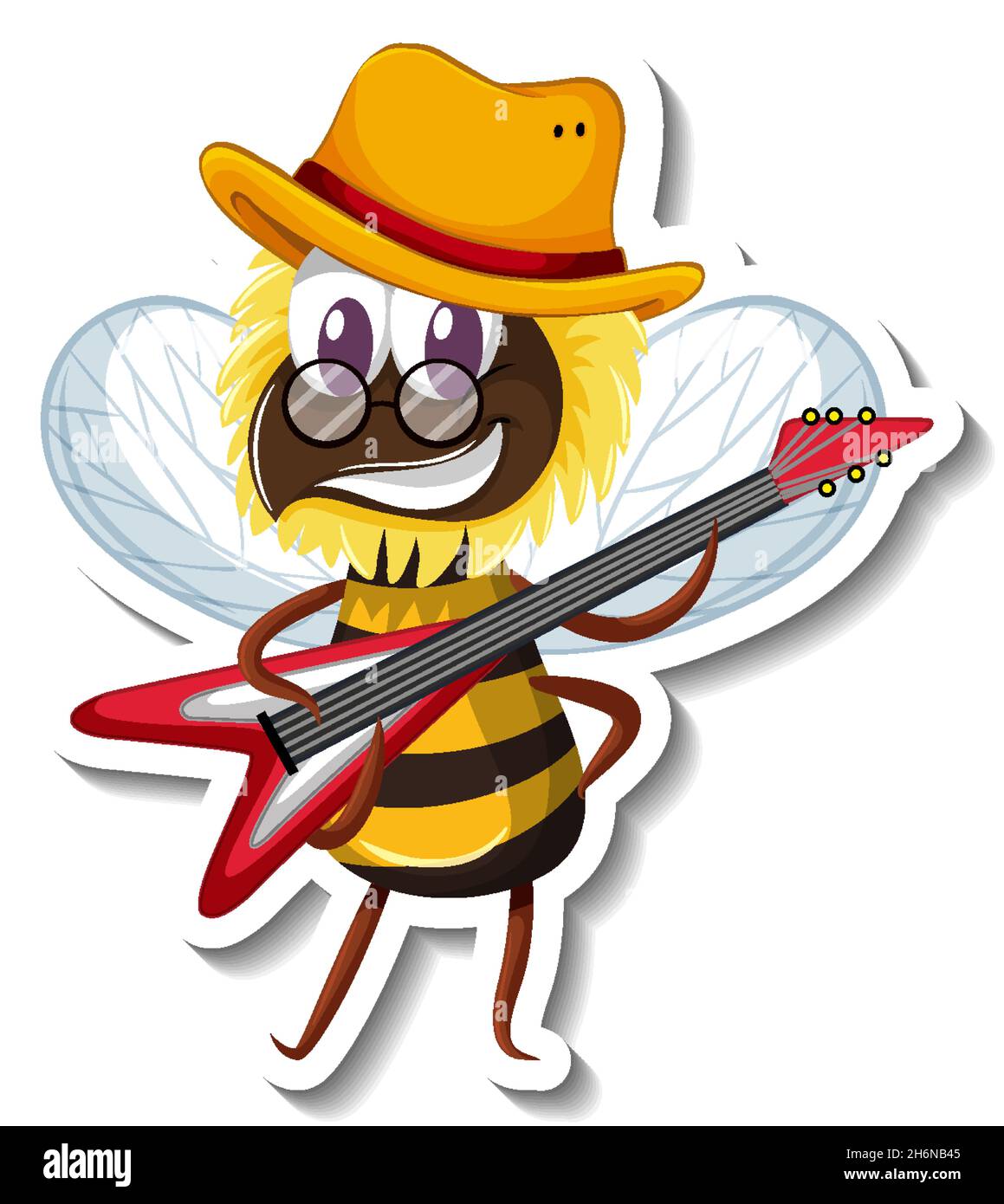 Funny bee playing guitar cartoon sticker illustration Stock Vector ...