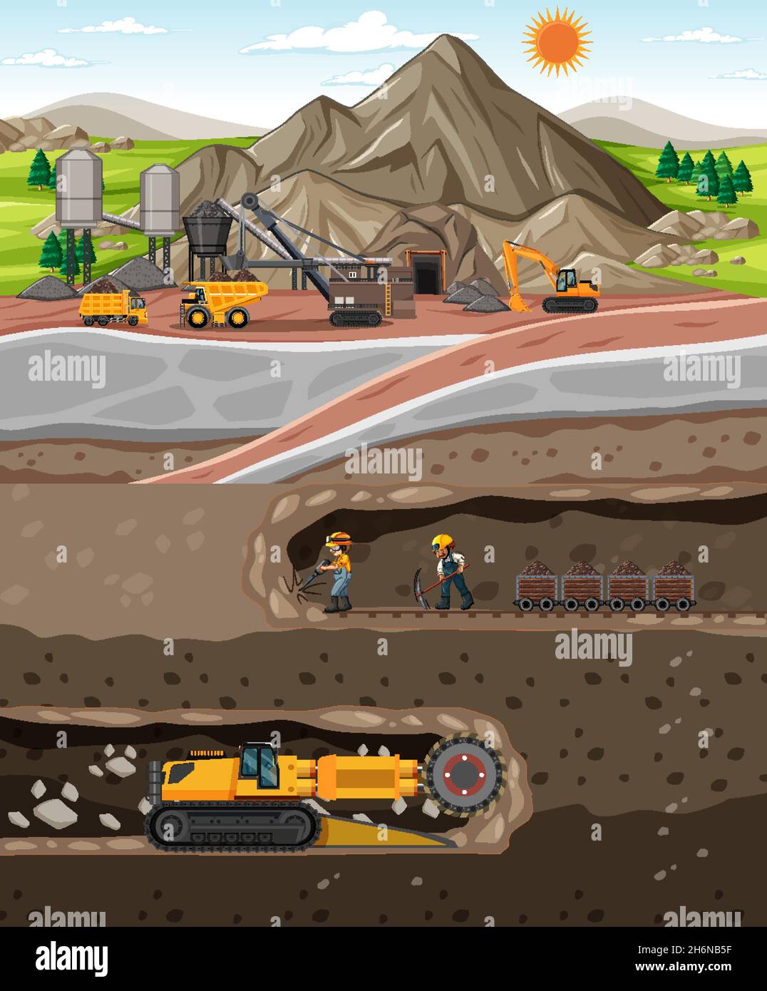 Landscape of coal mine industry with underground illustration Stock ...