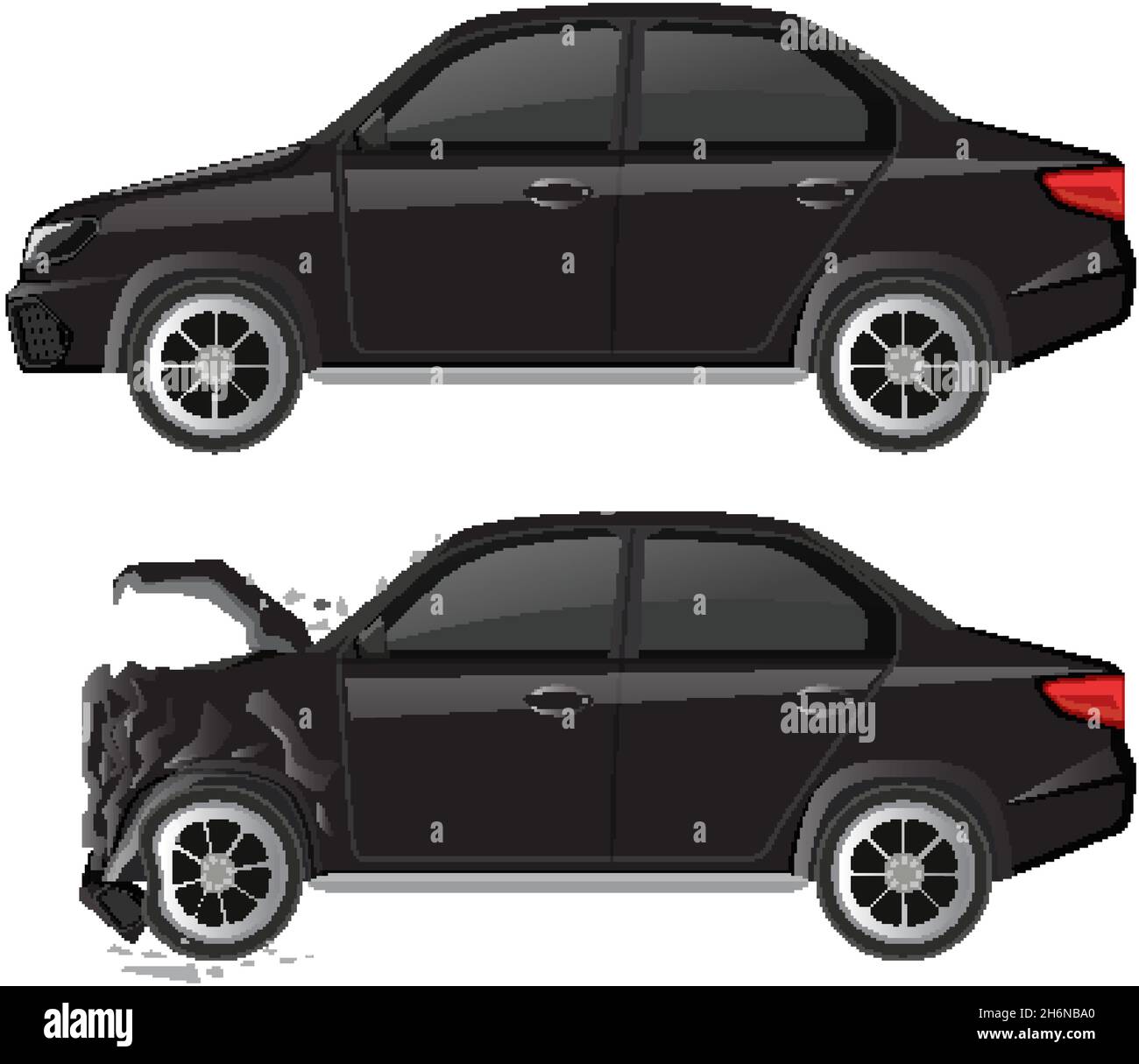Black sedan car and wrecked car on white background illustration Stock ...