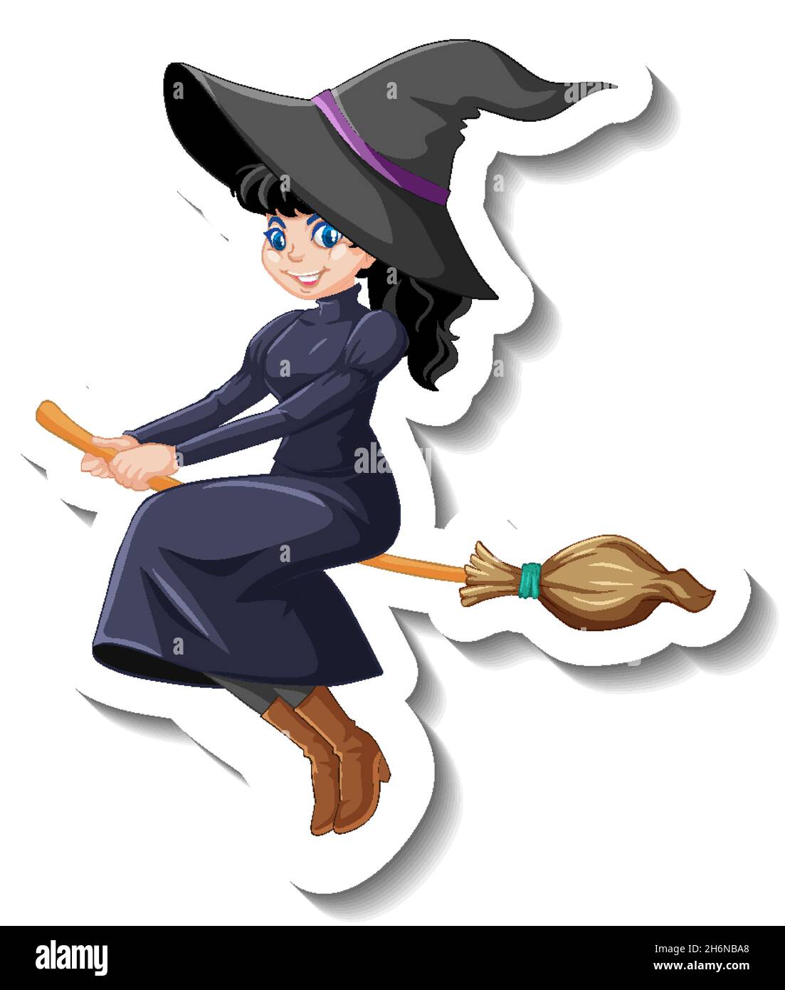 Beautiful witch ride broomstick cartoon character sticker illustration ...