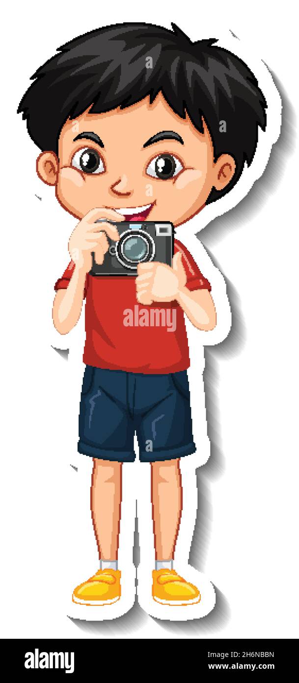 A boy holding camera cartoon character sticker illustration Stock ...