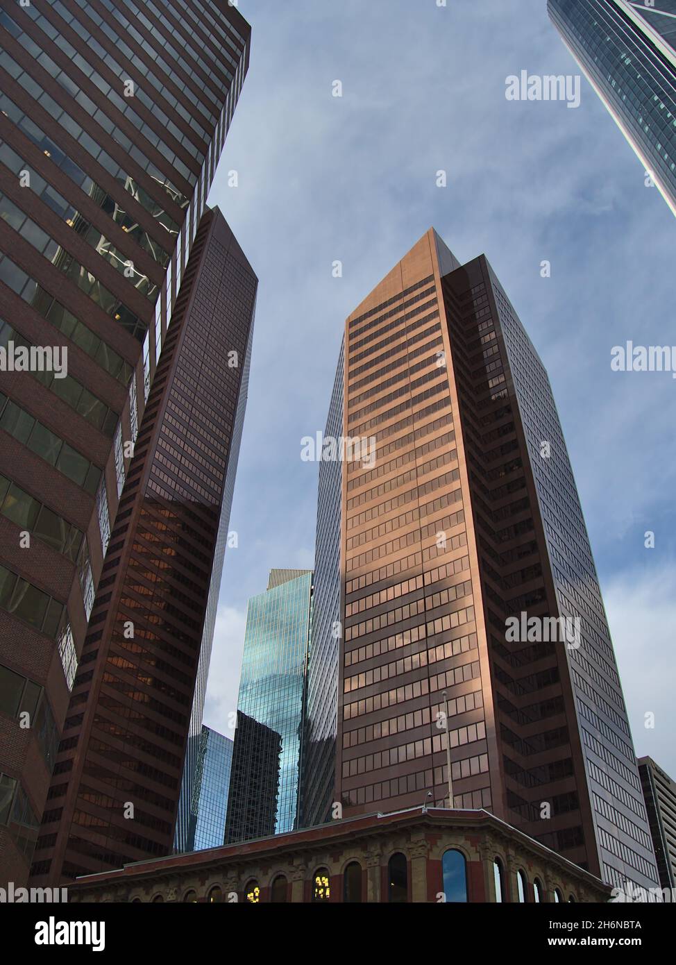Stunning low angle view of modern high-rise office buildings in the ...