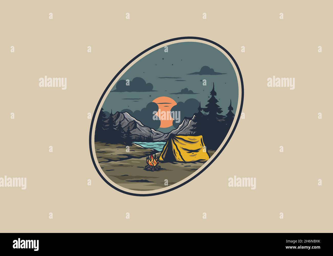 Camping with a bonfire by the lake illustration design Stock Vector ...