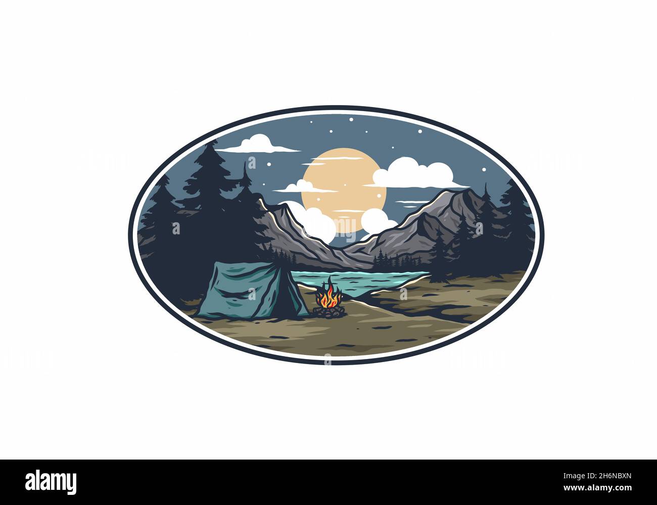 Camping with a bonfire by the lake illustration design Stock Vector ...