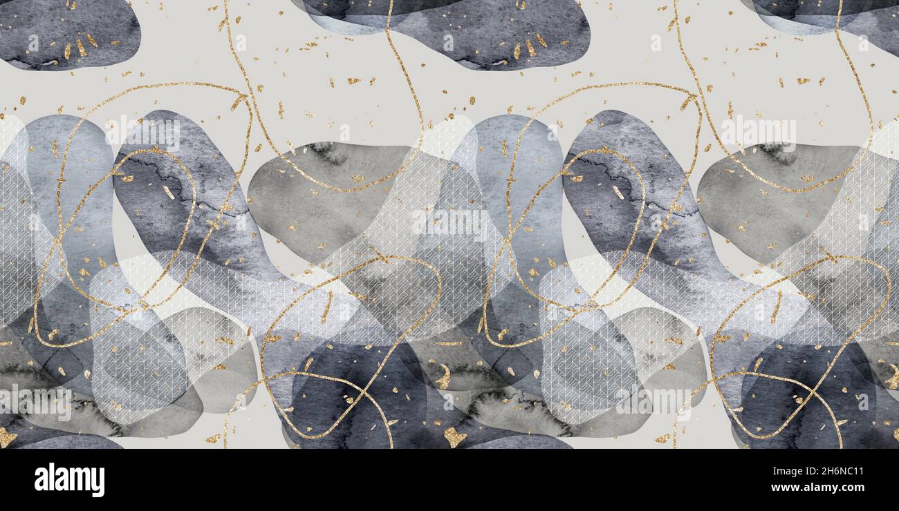 Seamless watercolor abstract organic blob shape overlay with gold lines ...