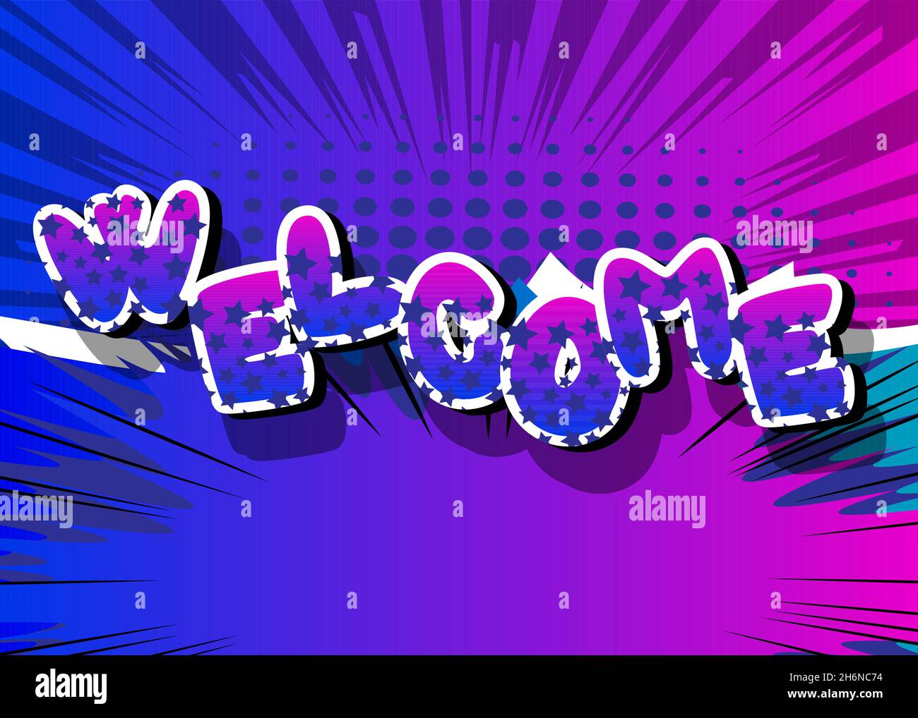 Welcome. Comic book word text on abstract comics background. Retro pop ...