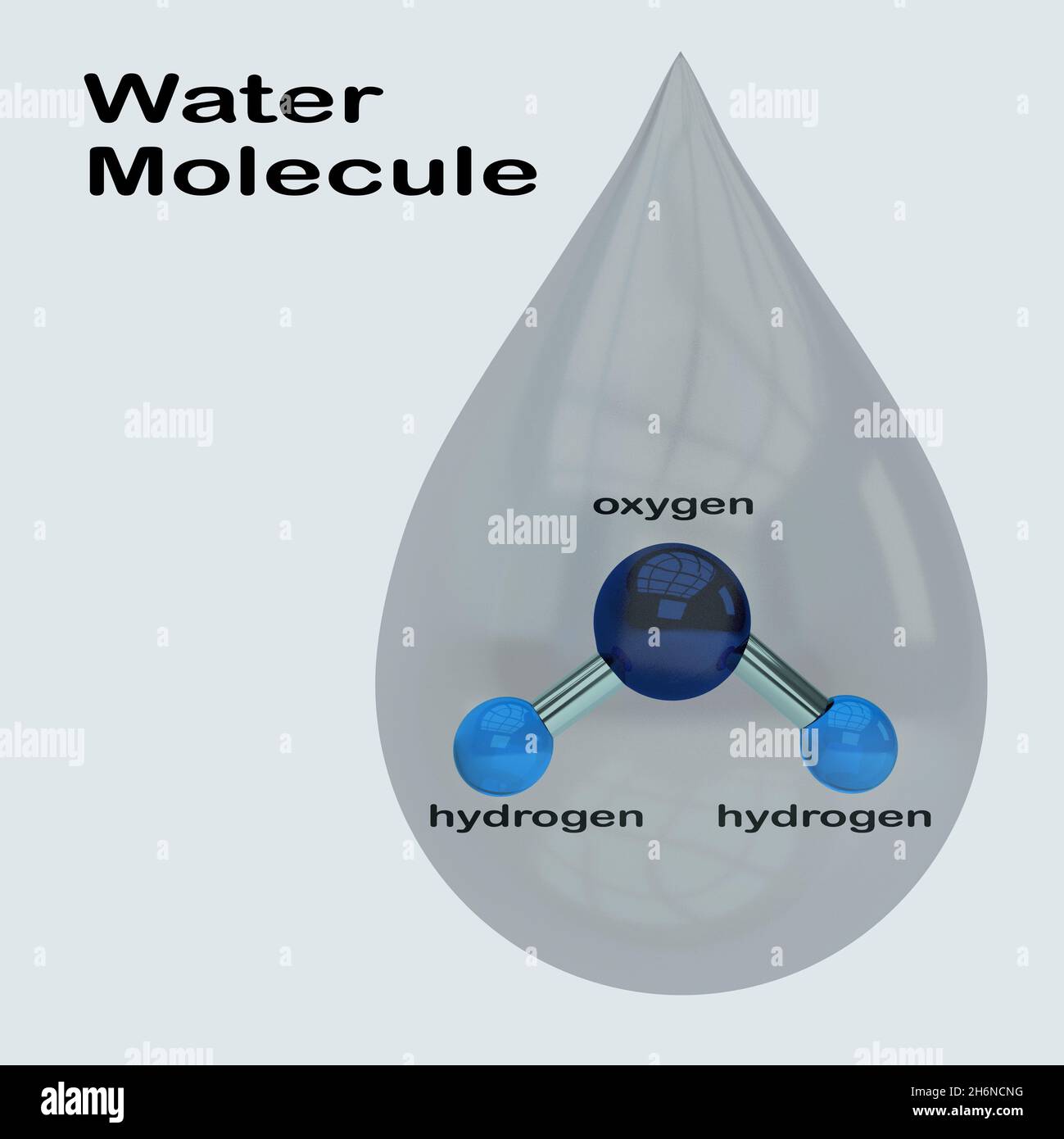 3D illustration of Water Molecule title above the a symbolic water ...