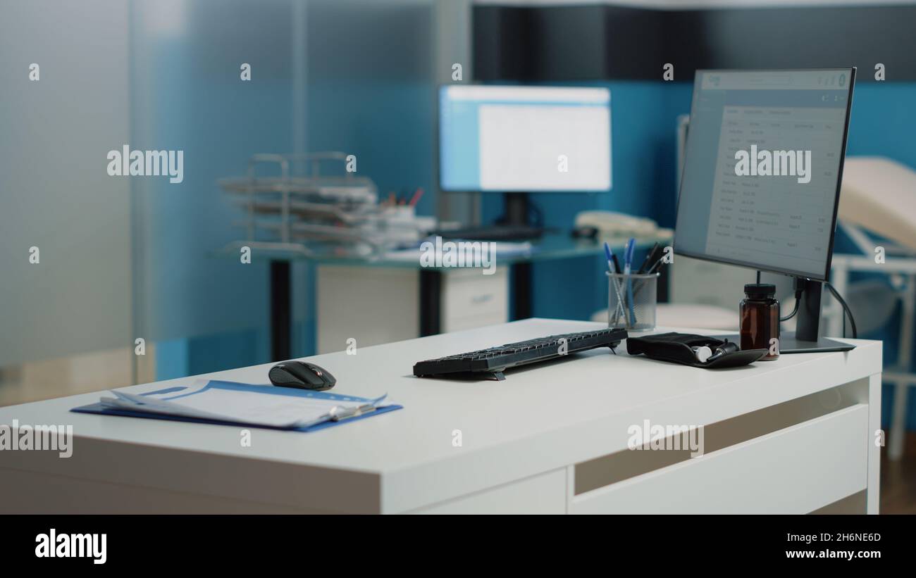 Nobody in doctors office with medical equipment and tools. Empty ...