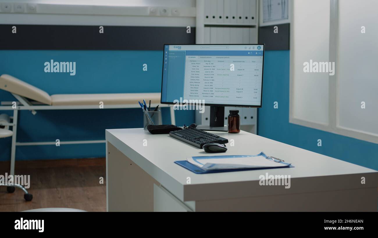 Nobody in cabinet with documents and computer for medical examination ...