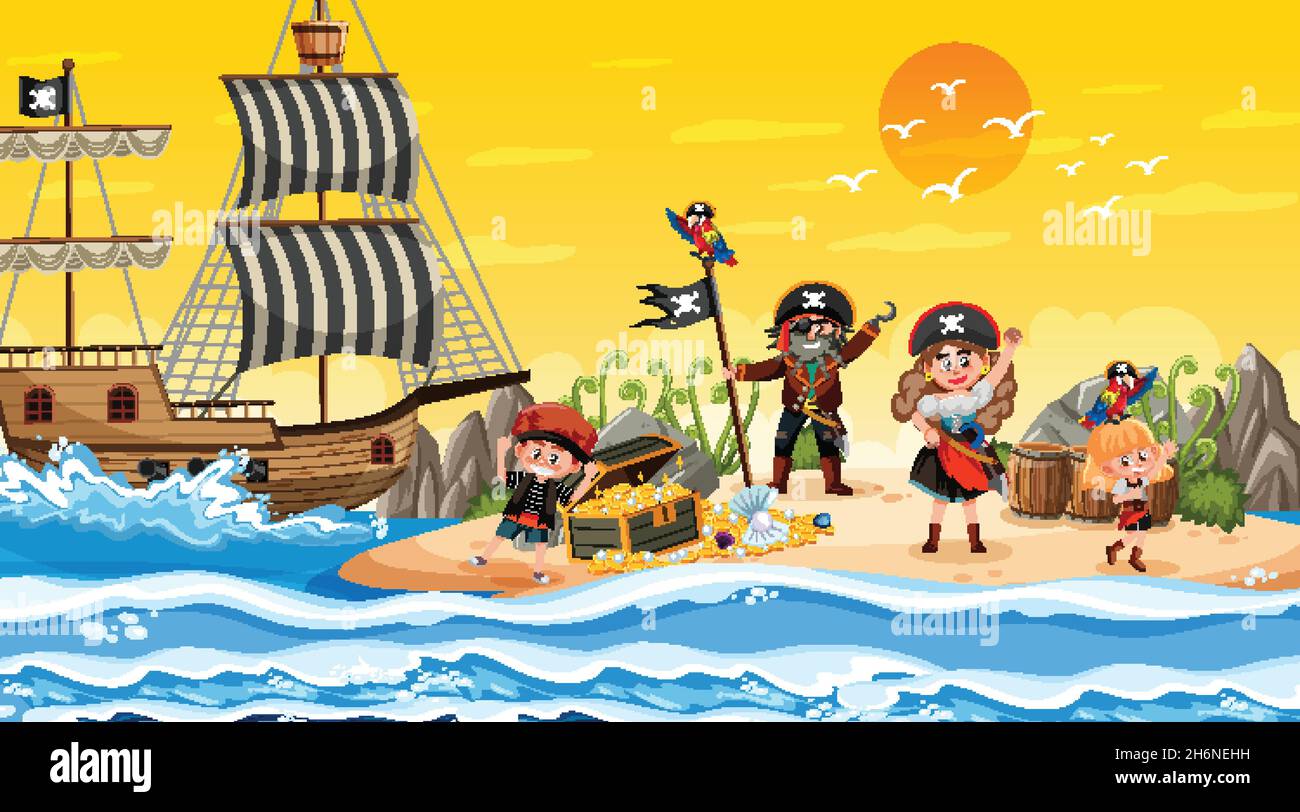 Treasure Island scene at sunset time with Pirate kids illustration ...