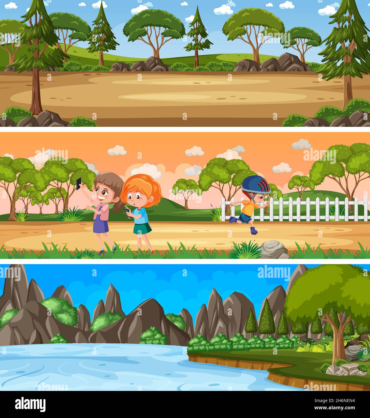 Outdoor panorama landscape scene set with cartoon character ...