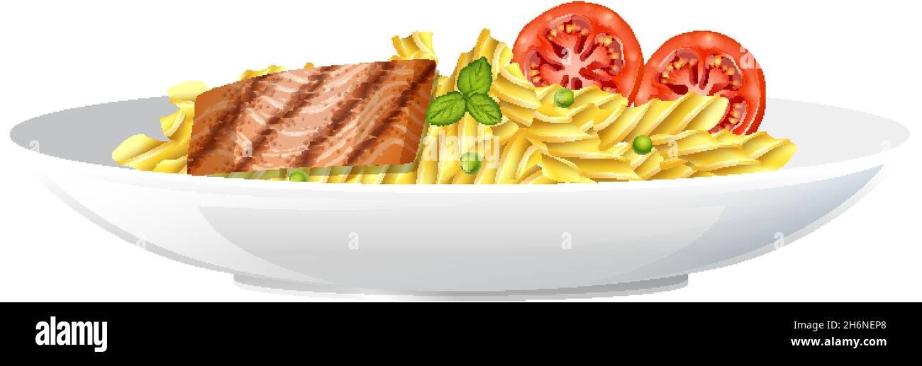 Pasta fusilli with fish steak and tomato illustration Stock Vector ...